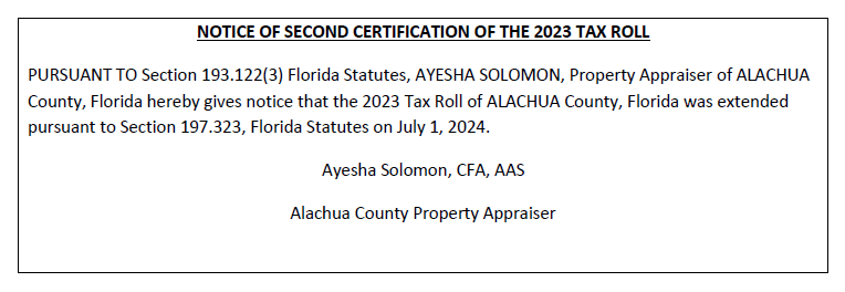 Tax Roll Certifications - Alachua County Property Appraiser